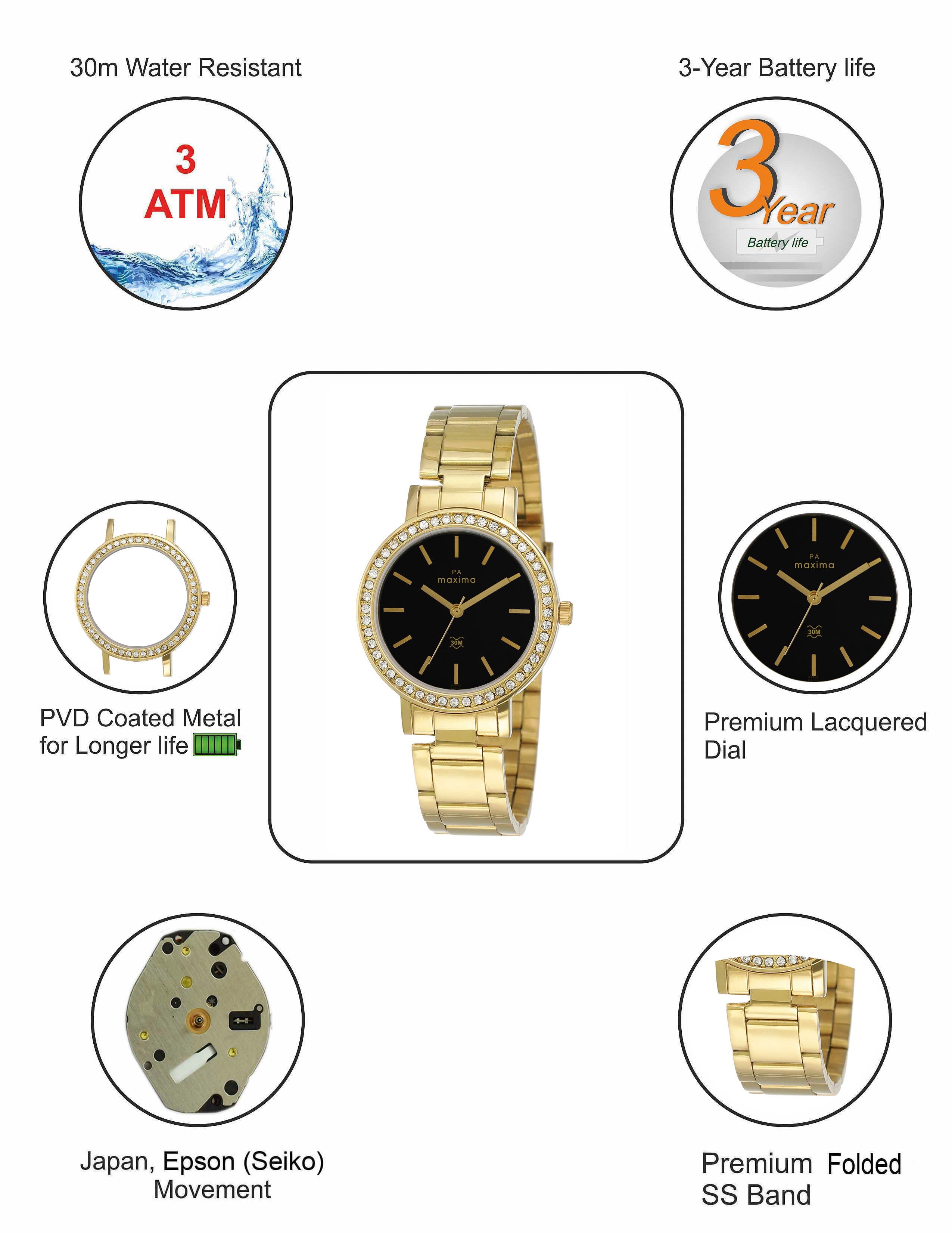 Maxima GOLD Women Black Dial Analogue Watch - O-64032CMLY